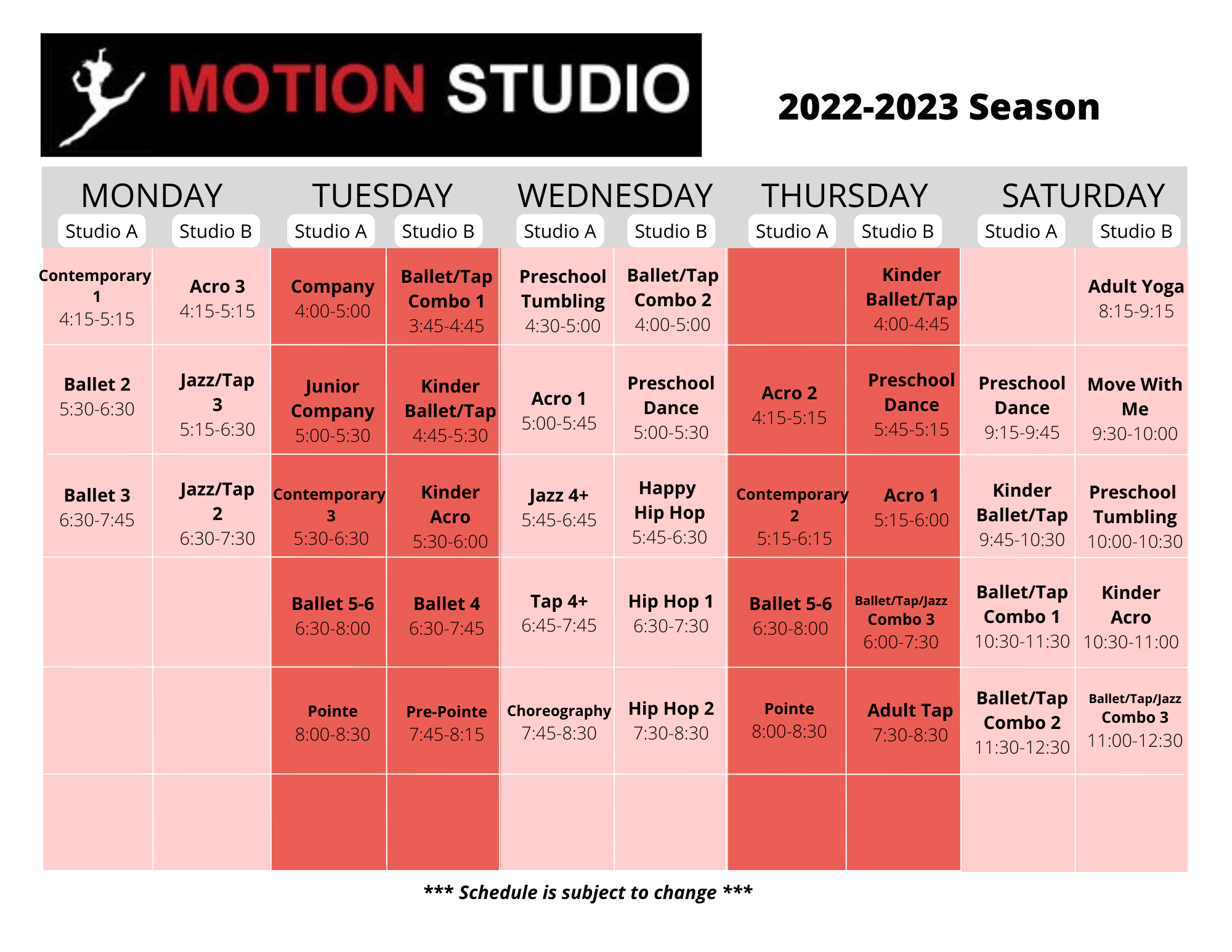 Class Schedule – Motion Studio