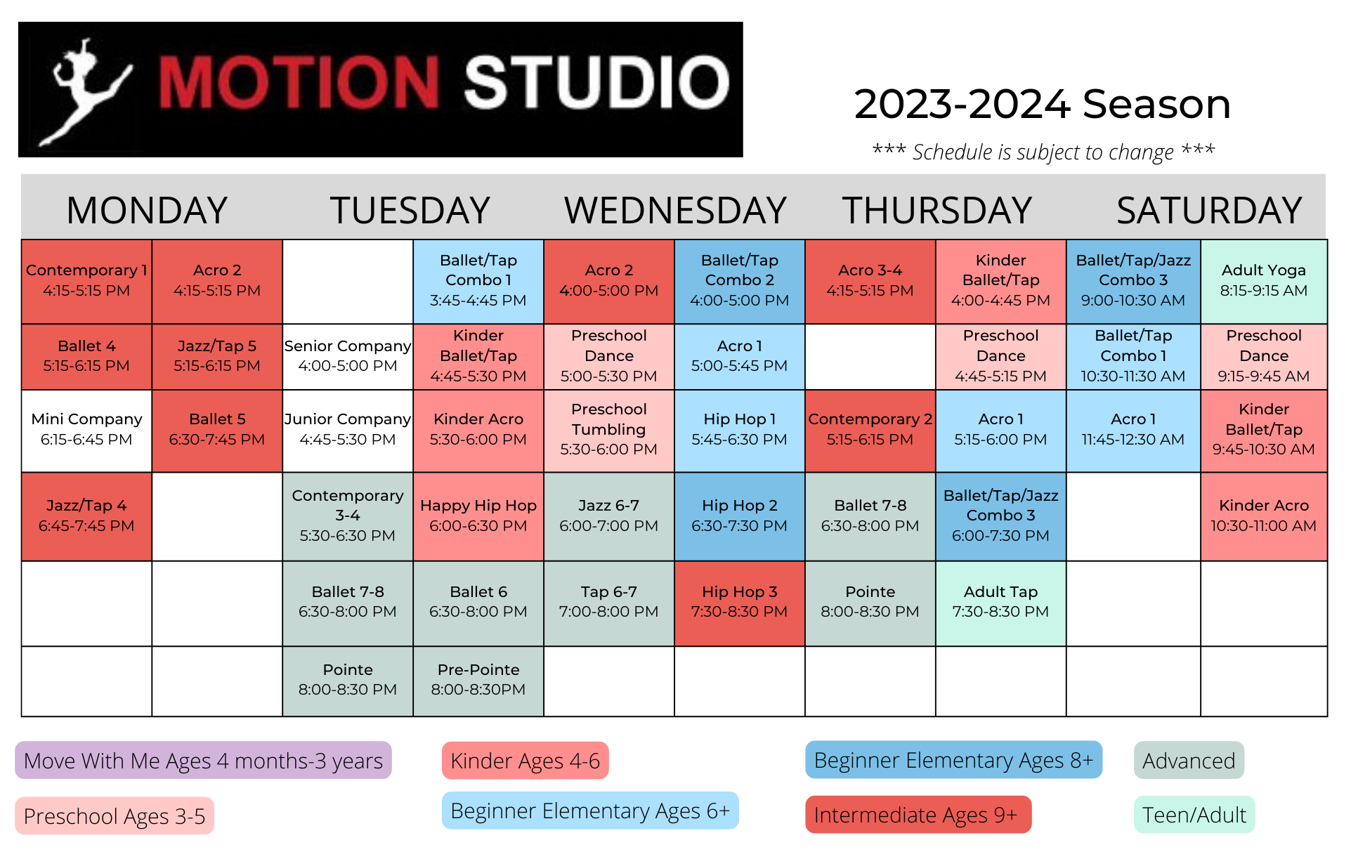 Class Schedule – Motion Studio