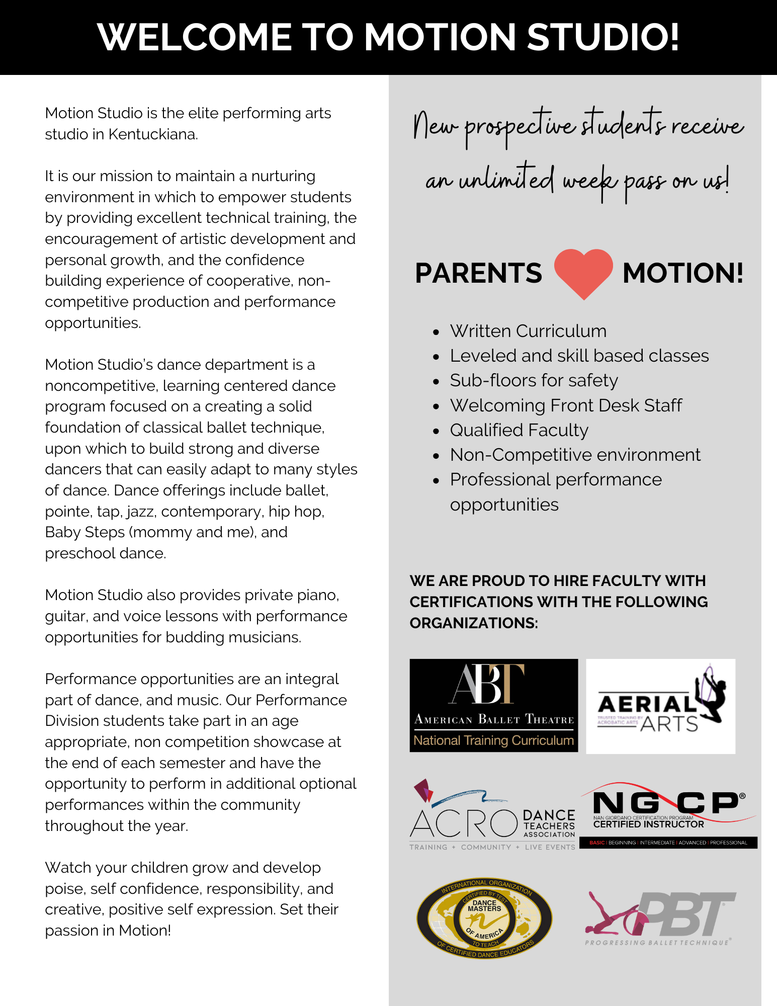 Class Schedule - Motion Studio